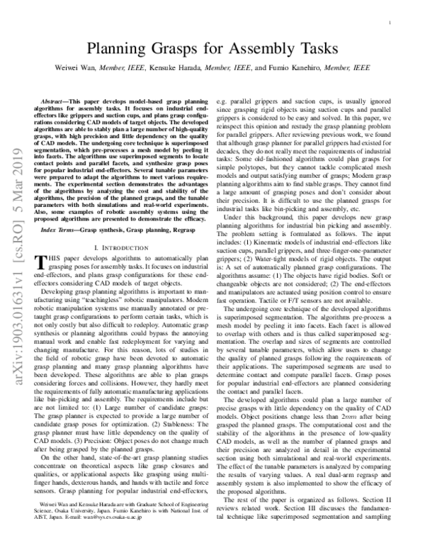 (PDF) Planning Grasps for Assembly Tasks