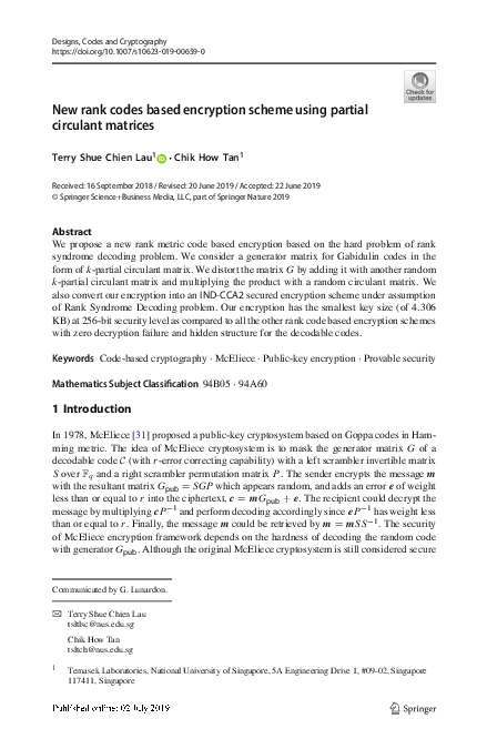 (PDF) New rank codes based encryption scheme using partial circulant matrices