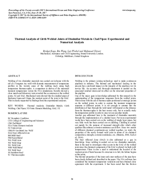 (PDF) Thermal Analysis of Girth Welded Joints of Dissimilar Metals in ...