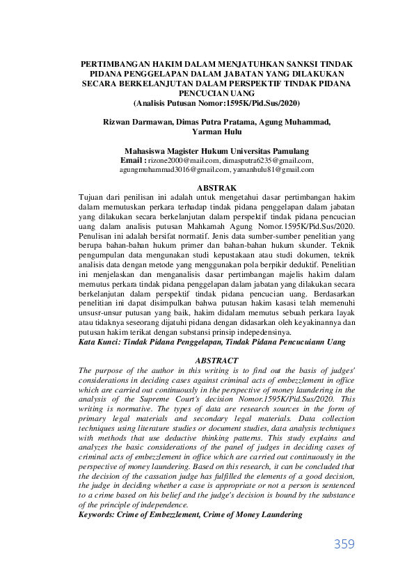 (PDF) PERTIMBANGAN HAKIM DALAM MENJATUHKAN SANKSI TINDAK PIDANA PENGGELAPAN DALAM JABATAN YANG ...