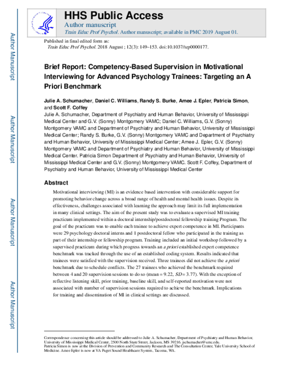 (PDF) Brief Report: Competency-Based Supervision in Motivational Interviewing for Advanced ...