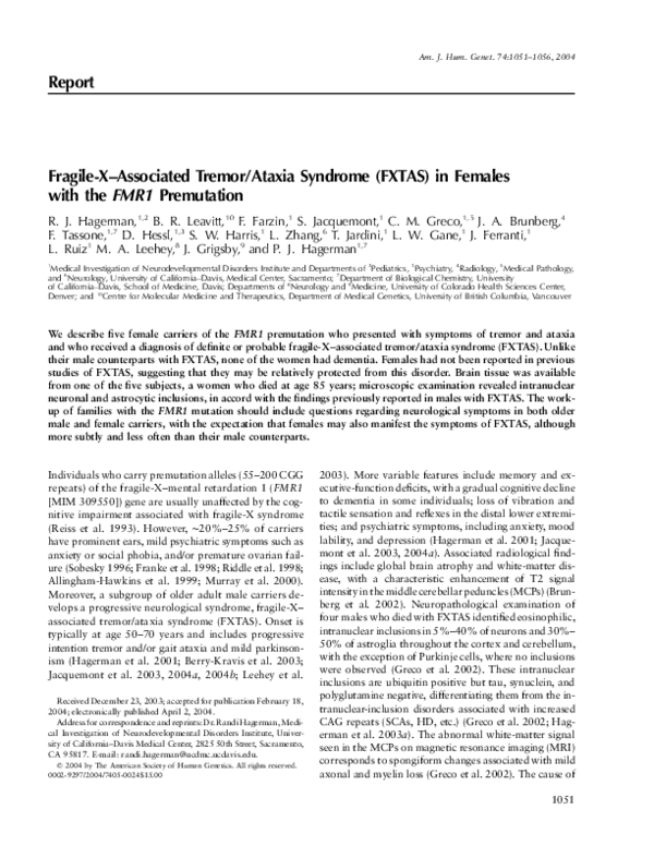 (PDF) Fragile-X–Associated Tremor/Ataxia Syndrome (FXTAS) in Females ...
