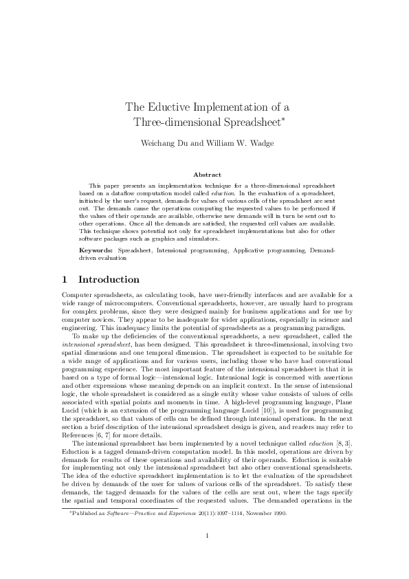 (PDF) The eductive implementation of a three-dimensional spreadsheet