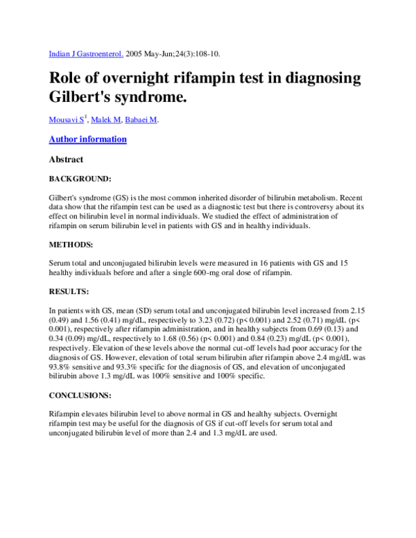 (PDF) Role of overnight rifampin test in diagnosing Gilbert's syndrome