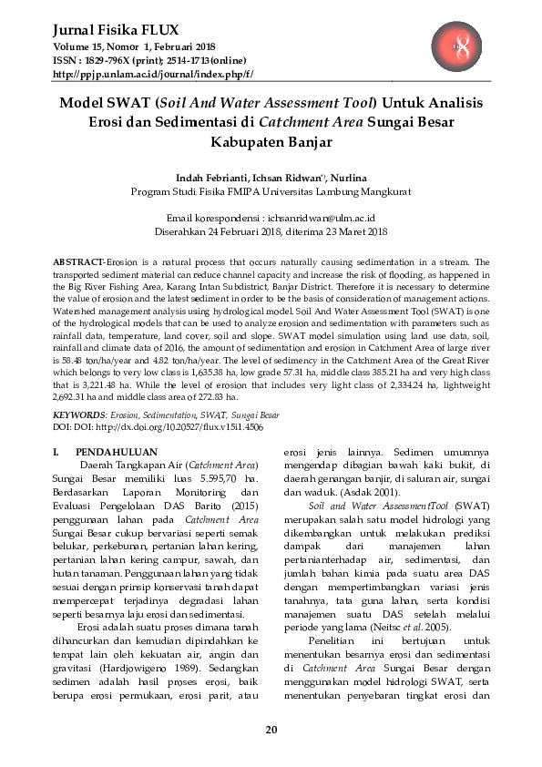 (PDF) Model SWAT (Soil And Water Assessment Tool) Untuk Analisis Erosi dan Sedimentasi di ...