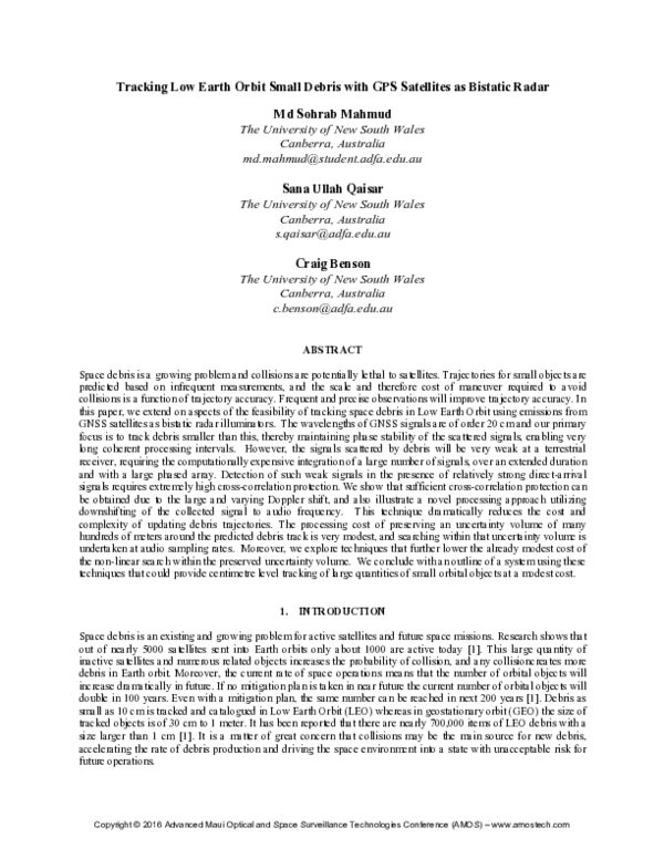Pdf Tracking Low Earth Orbit Small Debris With Gps Satellites As