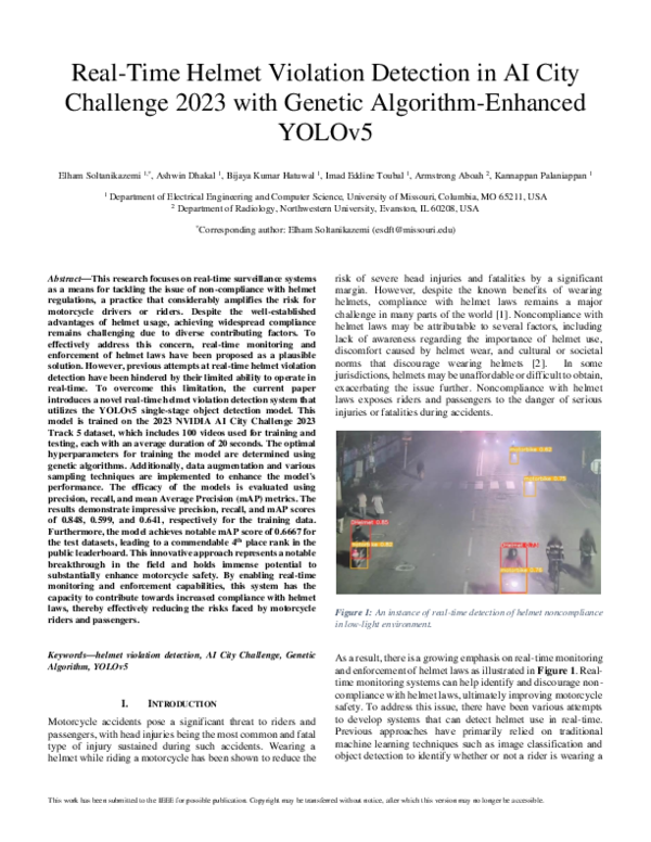 (PDF) Real-Time Helmet Violation Detection in AI City Challenge 2023 with Genetic Algorithm ...