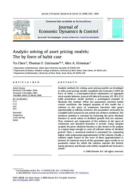 (PDF) Analytic solving of asset pricing models: The by force of habit case