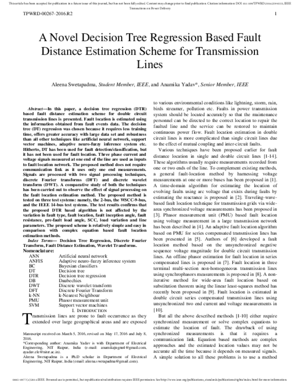 (PDF) A Novel Decision Tree Regression-Based Fault Distance Estimation Scheme for Transmission Lines