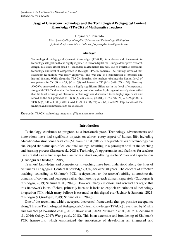 (PDF) Usage of Classroom Technology and the Technological Pedagogical Content Knowledge (TPACK ...