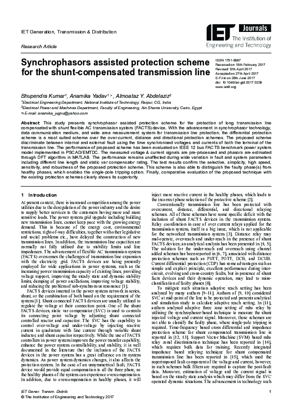 (PDF) Synchrophasors assisted protection scheme for the shunt‐compensated transmission line