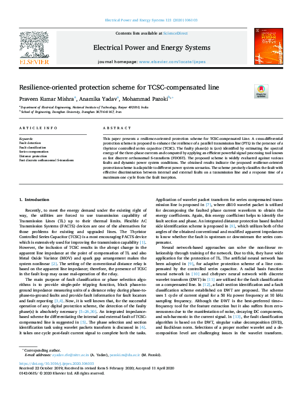 (PDF) Resilience-oriented protection scheme for TCSC-compensated line