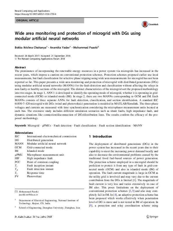 (PDF) Wide area monitoring and protection of microgrid with DGs using modular artificial neural ...