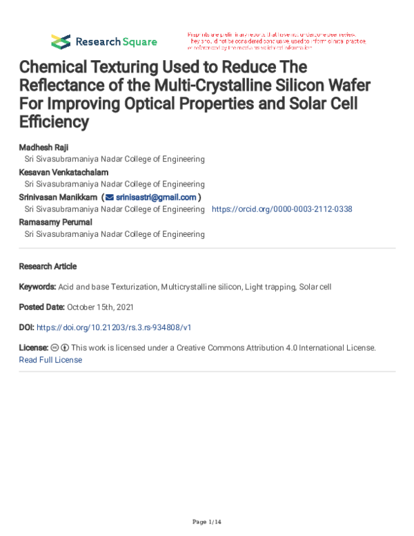(PDF) Chemical Texturing Used to Reduce The Reflectance of the Multi ...