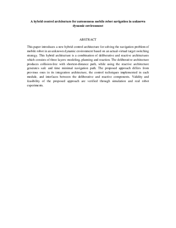 Pdf A Hybrid Control Architecture For Autonomous Mobile Robot Navigation In Unknown Dynamic