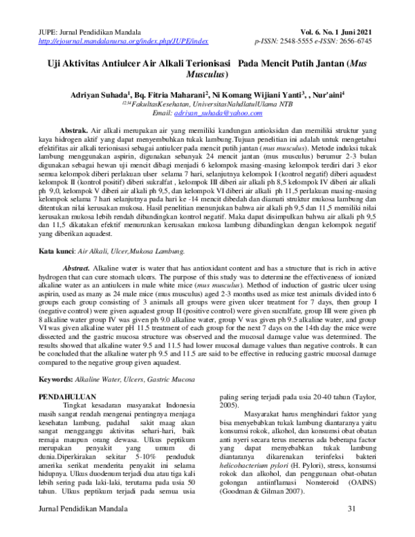 (PDF) Uji Aktivitas Antiulcer Air Alkali Terionisasi Pada Mencit Putih ...