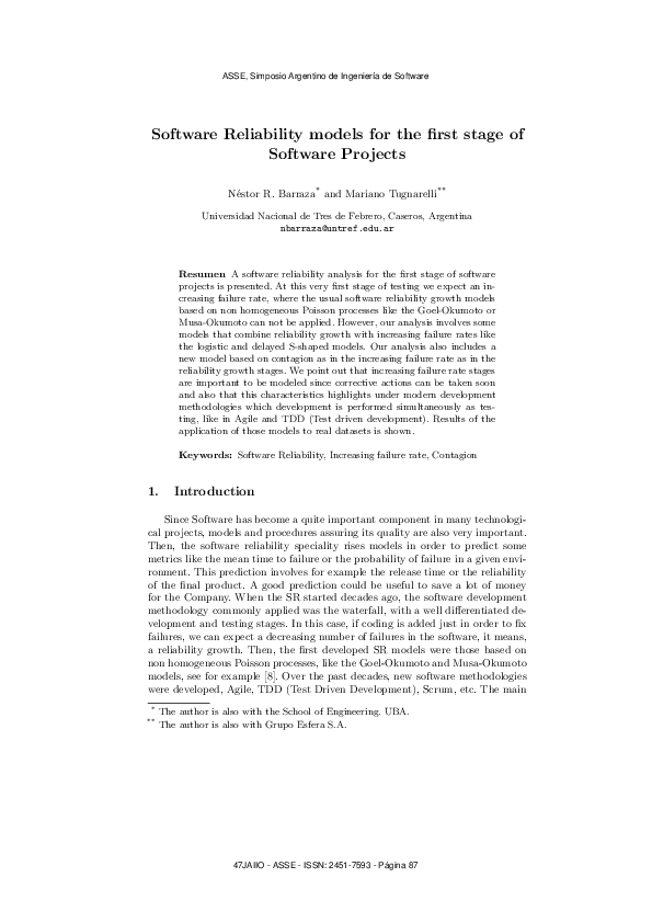 (PDF) Software Reliability models for the first stage of Software Projects