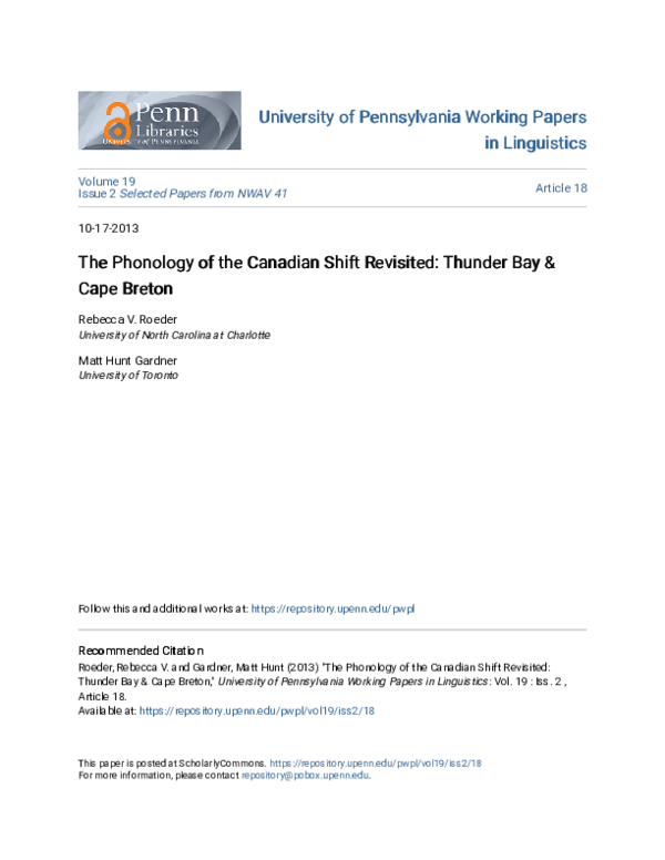 (PDF) The Phonology of the Canadian Shift Revisited: Thunder Bay & Cape Breton