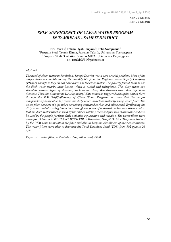 (PDF) Self-Sufficiency of Clean Water Program in Tambelan - Sampit District