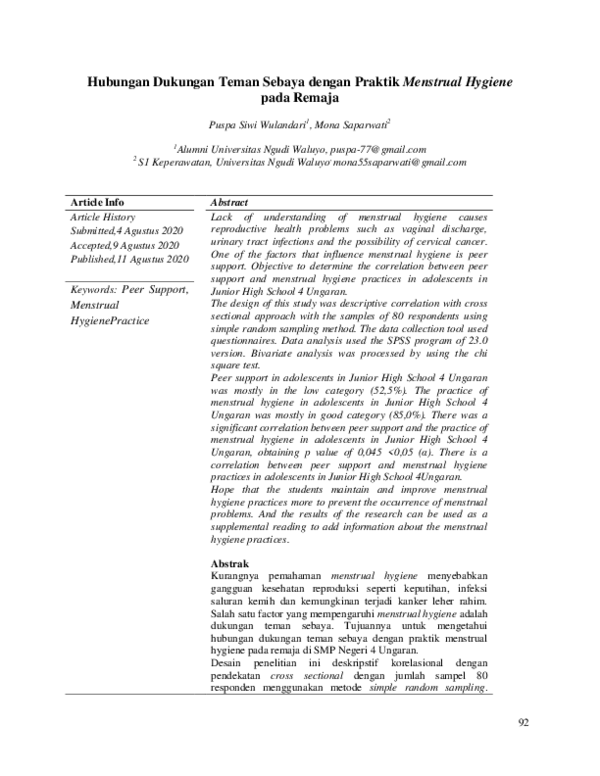 (PDF) Hubungan Dukungan Teman Sebaya dengan Praktik Menstrual Hygiene pada Remaja