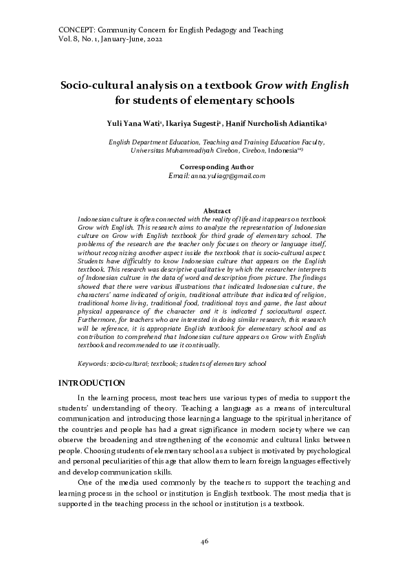(PDF) Socio-cultural analysis on a textbook Grow with English for ...