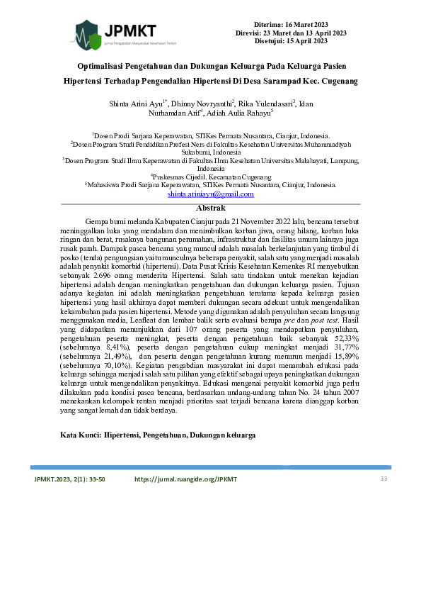 (PDF) Optimalisasi Pengetahuan dan Dukungan Keluarga Pada Keluarga Pasien Hipertensi Terhadap ...