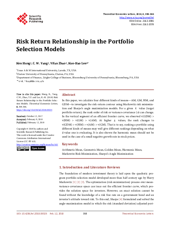 (PDF) Risk Return Relationship in the Portfolio Selection Models