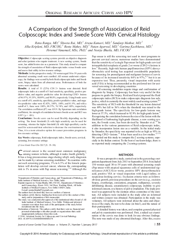 (PDF) A Comparison of the Strength of Association of Reid Colposcopic Index and Swede Score With ...