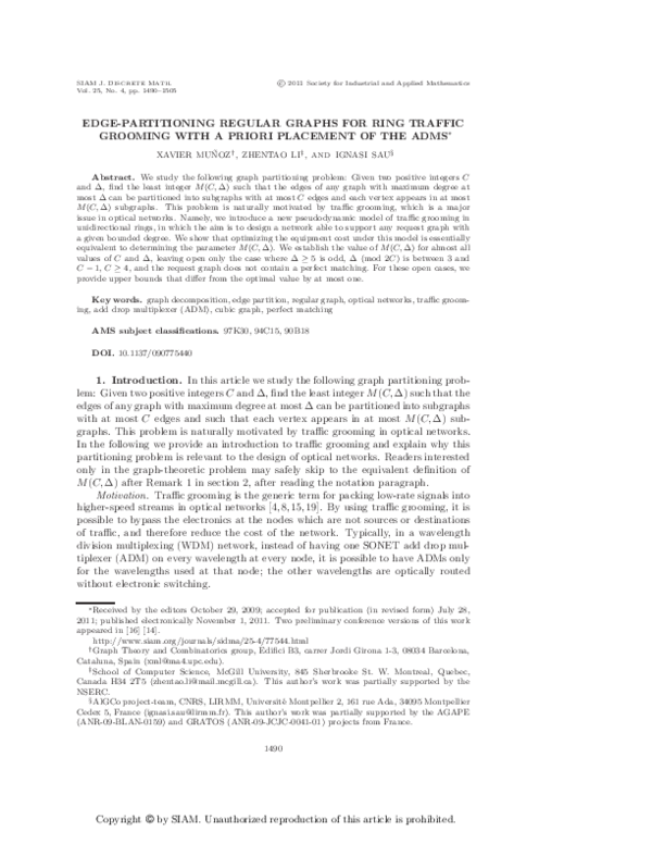 (PDF) Edge-Partitioning Regular Graphs for Ring Traffic Grooming with a Priori Placement of the ADMs