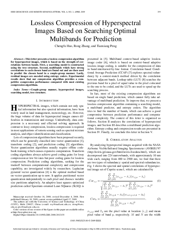 Pdf Lossless Compression For Hyperspectral Images