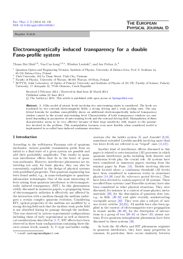 (PDF) Electromagnetically induced transparency for a double Fano ...