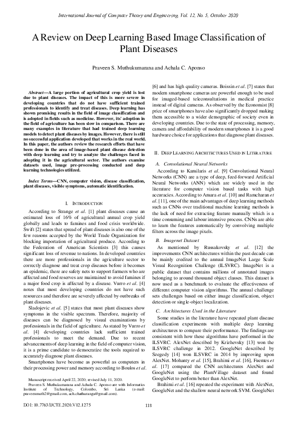 (PDF) A Review on Deep Learning Based Image Classification of Plant Diseases