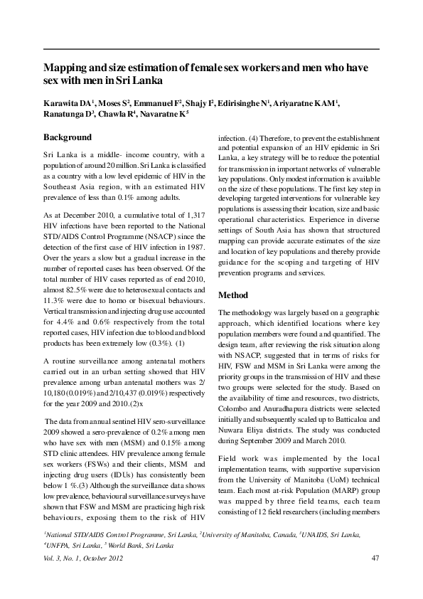 Pdf Mapping And Size Estimation Of Female Sex Workers And Men Who Have Sex With Men In Sri Lanka
