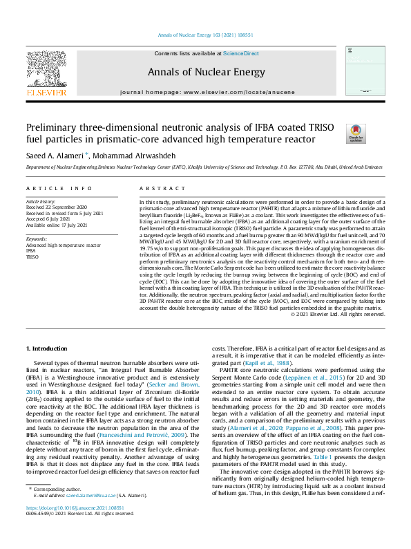 (PDF) Preliminary three-dimensional neutronic analysis of IFBA coated ...