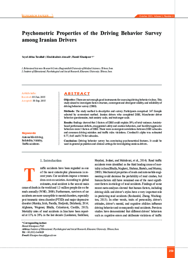 (PDF) Psychometric Properties of the Driving Behavior Survey among ...