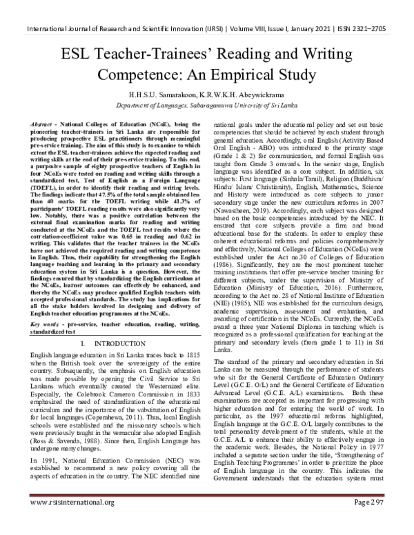 (PDF) ESL Teacher-Trainees' Reading and Writing Competence: An ...