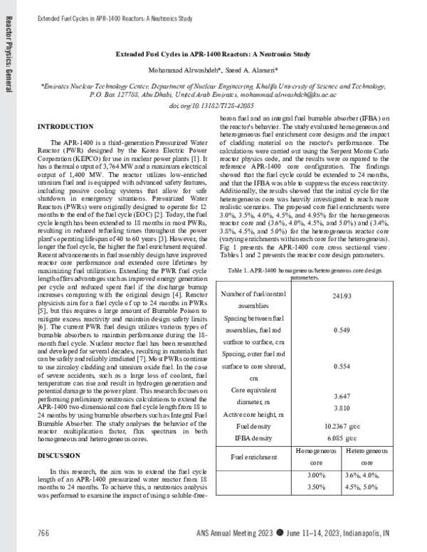 (PDF) Extended Fuel Cycles in APR-1400 Reactors: A Neutronics Study