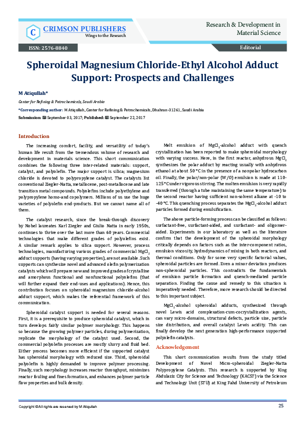 (PDF) Spheroidal Magnesium Chloride-Ethyl Alcohol Adduct Support ...