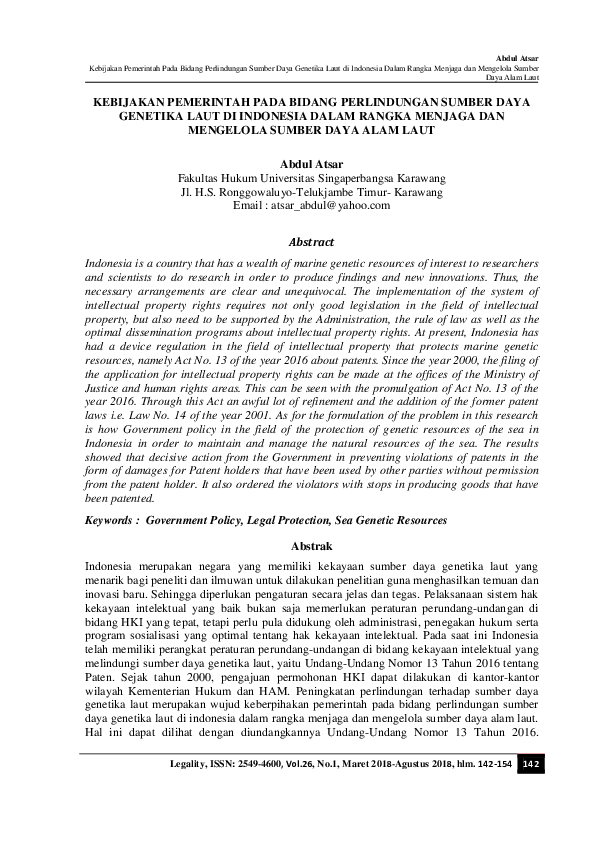 (PDF) Kebijakan Pemerintah Pada Bidang Perlindungan Sumber Daya Genetika Laut DI Indonesia Dalam ...