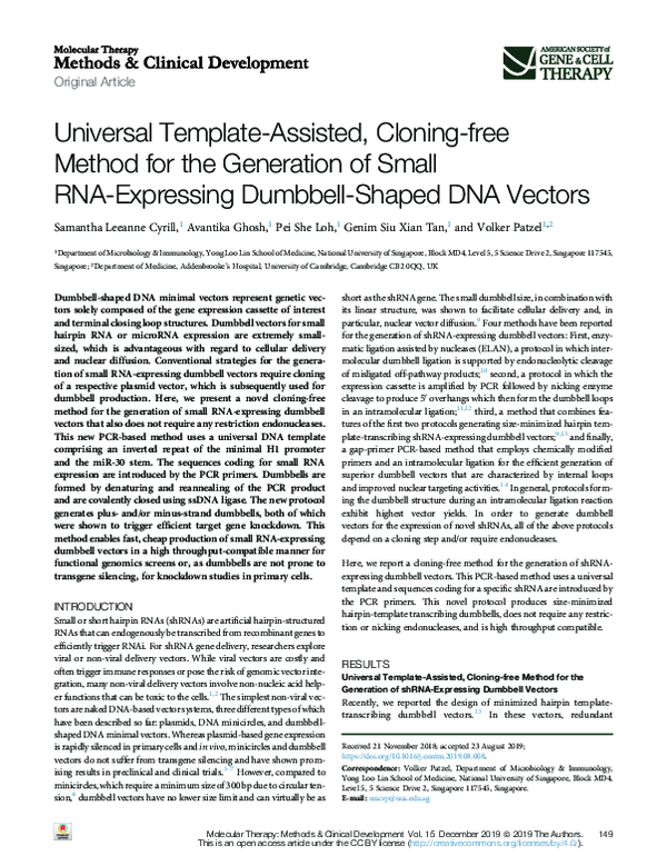 (PDF) Universal Template-Assisted, Cloning-free Method for the ...