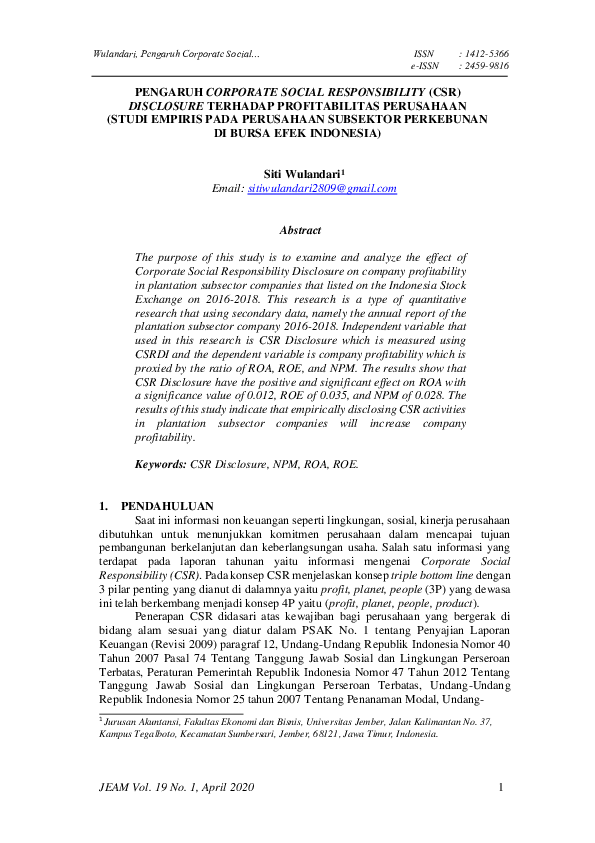(PDF) Pengaruh Corporate Social Responsibility (CSR) Disclosure terhadap Profitabilitas Perusahaan