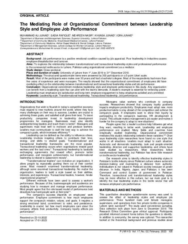 (PDF) The Mediating Role of Organizational Commitment between Leadership Style and Employee Job ...