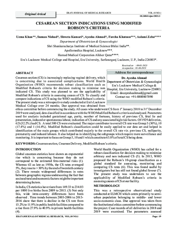 (PDF) Cesarean Section Indications Using Modified Robson’s Criteria