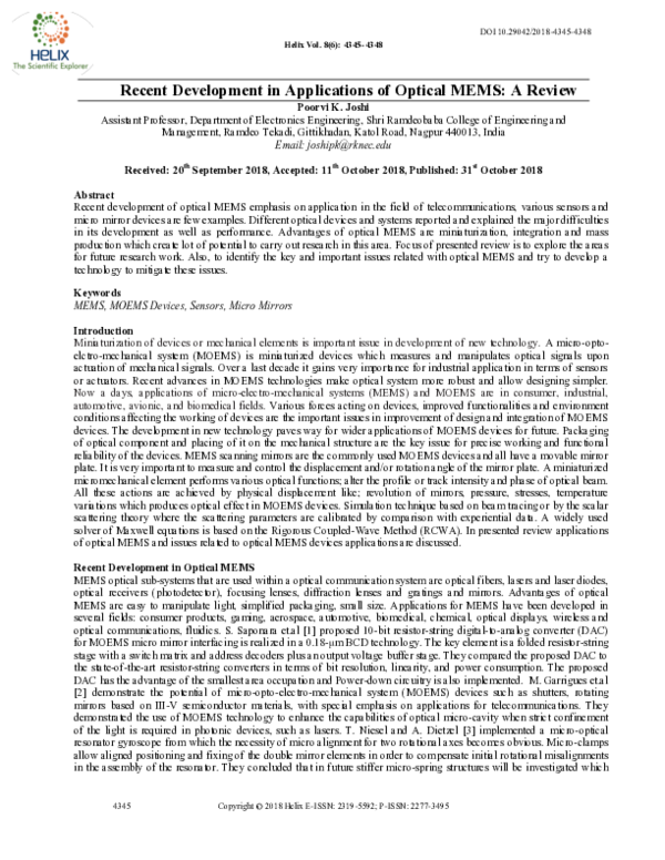 (PDF) Recent Development in Applications of Optical MEMS: A Review