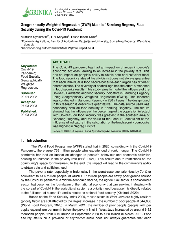 (PDF) Geographically Weighted Regression (GWR) Model of Bandung Regency ...