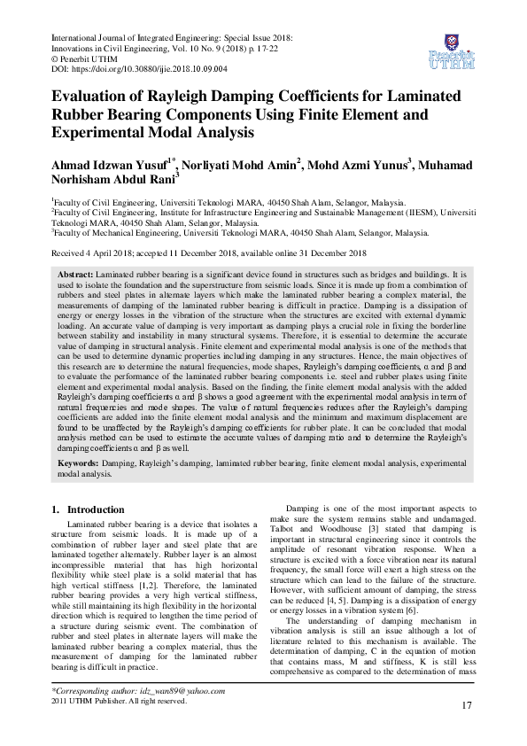 (PDF) Evaluation of Rayleigh Damping Coefficients for Laminated Rubber Bearing Components Using ...