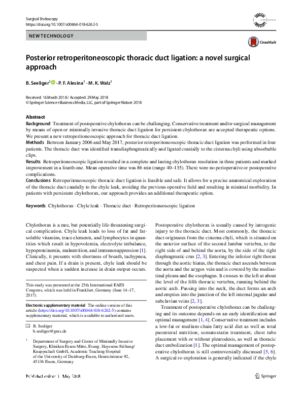 (PDF) Posterior retroperitoneoscopic thoracic duct ligation: a novel ...