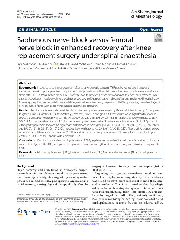 (PDF) Saphenous nerve block versus femoral nerve block in enhanced ...