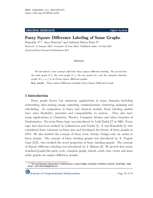 (PDF) Fuzzy square difference labeling of some graphs | Dr. T. Bharathi - Academia.edu