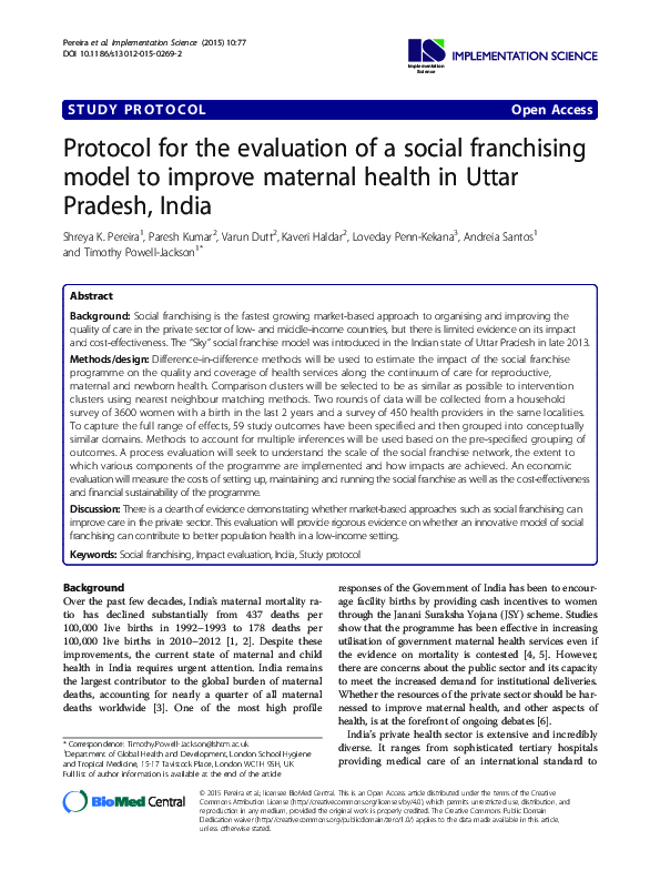 (PDF) Protocol for the evaluation of a social franchising model to ...